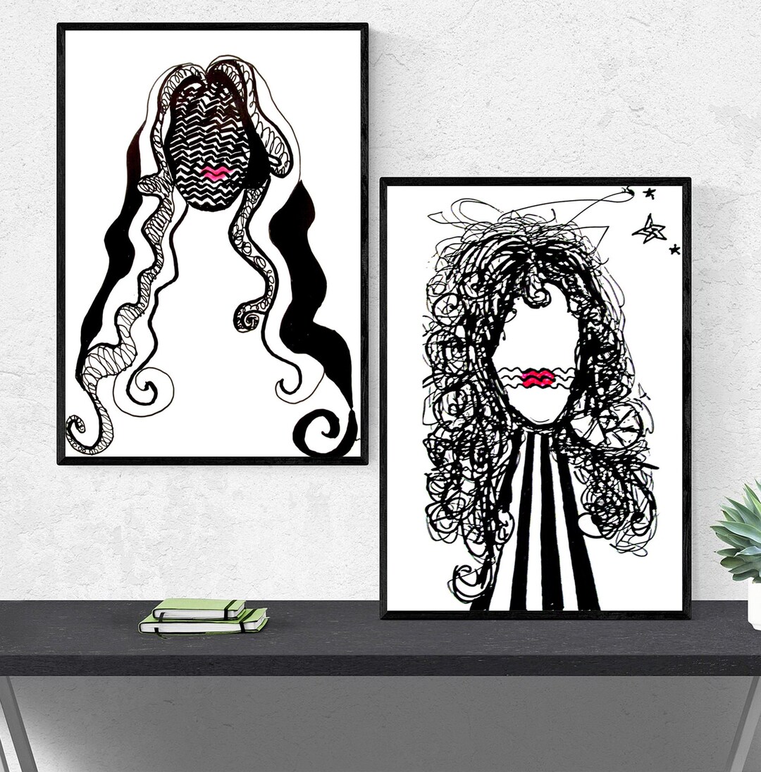Black and White Wall Art, Two Line Art Prints Woman Portraits With Red ...