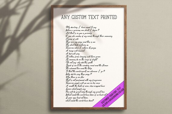 Custom Poem Print Any Text Custom Lyrics Artwork | Etsy