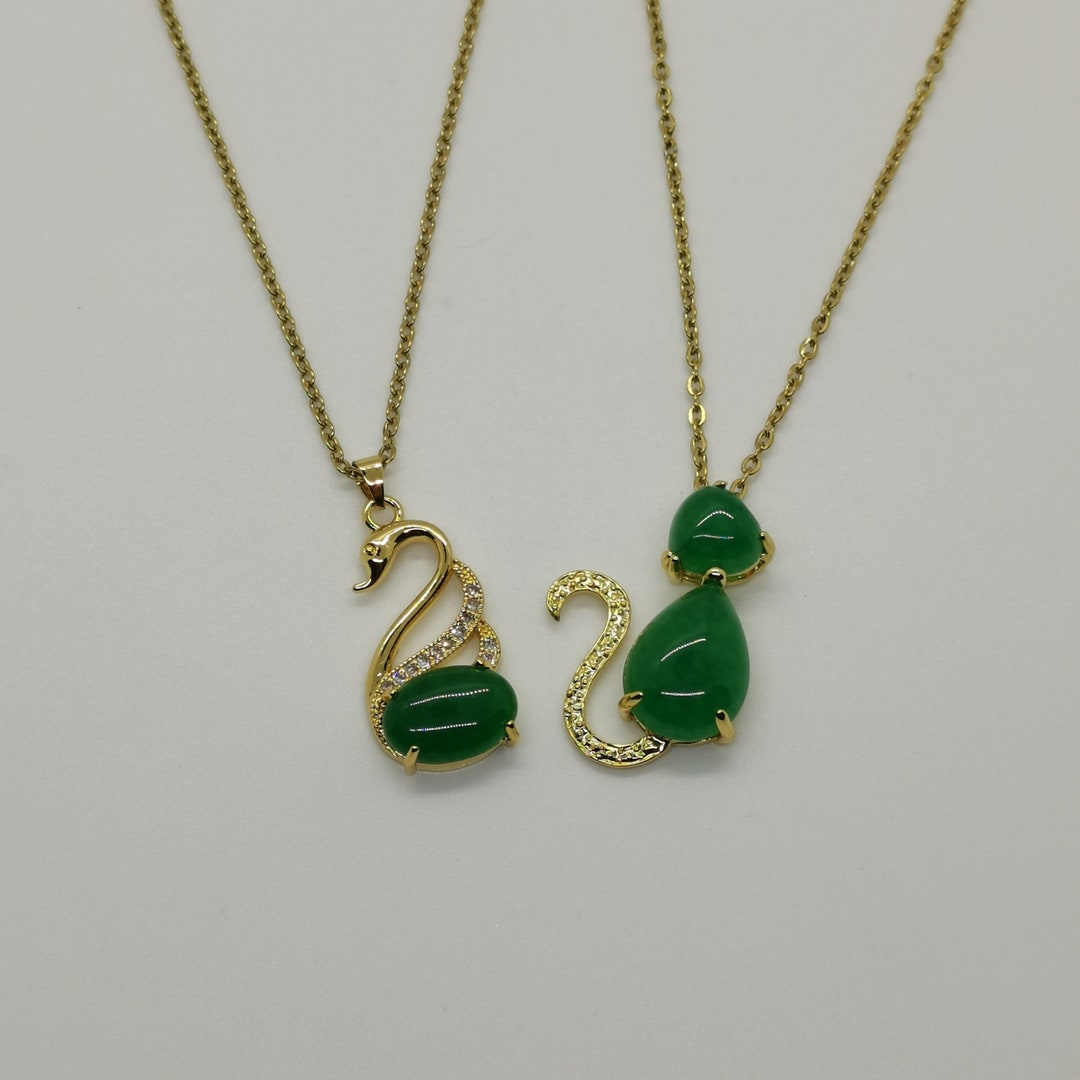 Genuine Green Swain/cat Jade Pendant Necklace - 18 Inches Gold Chain - Etsy