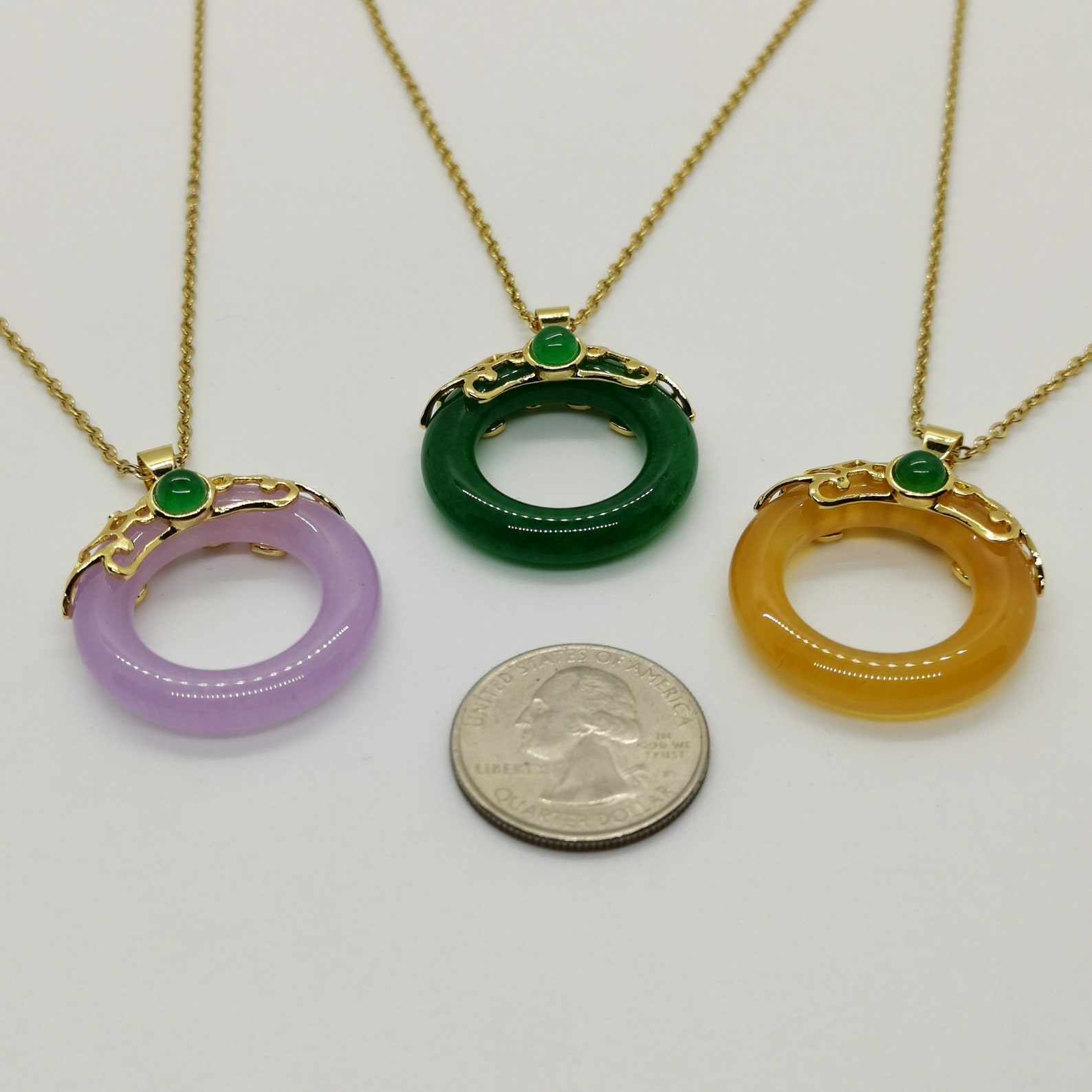 Genuine Multi Color Circle Jade Pendant Necklace Plated With 18K Gold ...