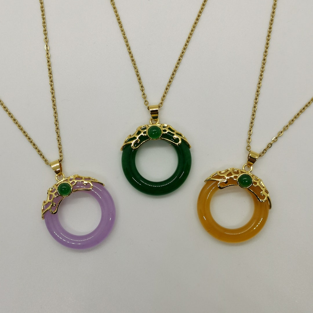 Genuine Multi Color Circle Jade Pendant Necklace Plated With 18K Gold ...