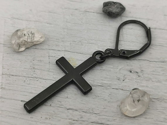 Black Cross Earring Cross Dangle Short Cross Earring Protective Earring Unisex Cross Dangle Dangle Black Earring Religious Earring Etsy