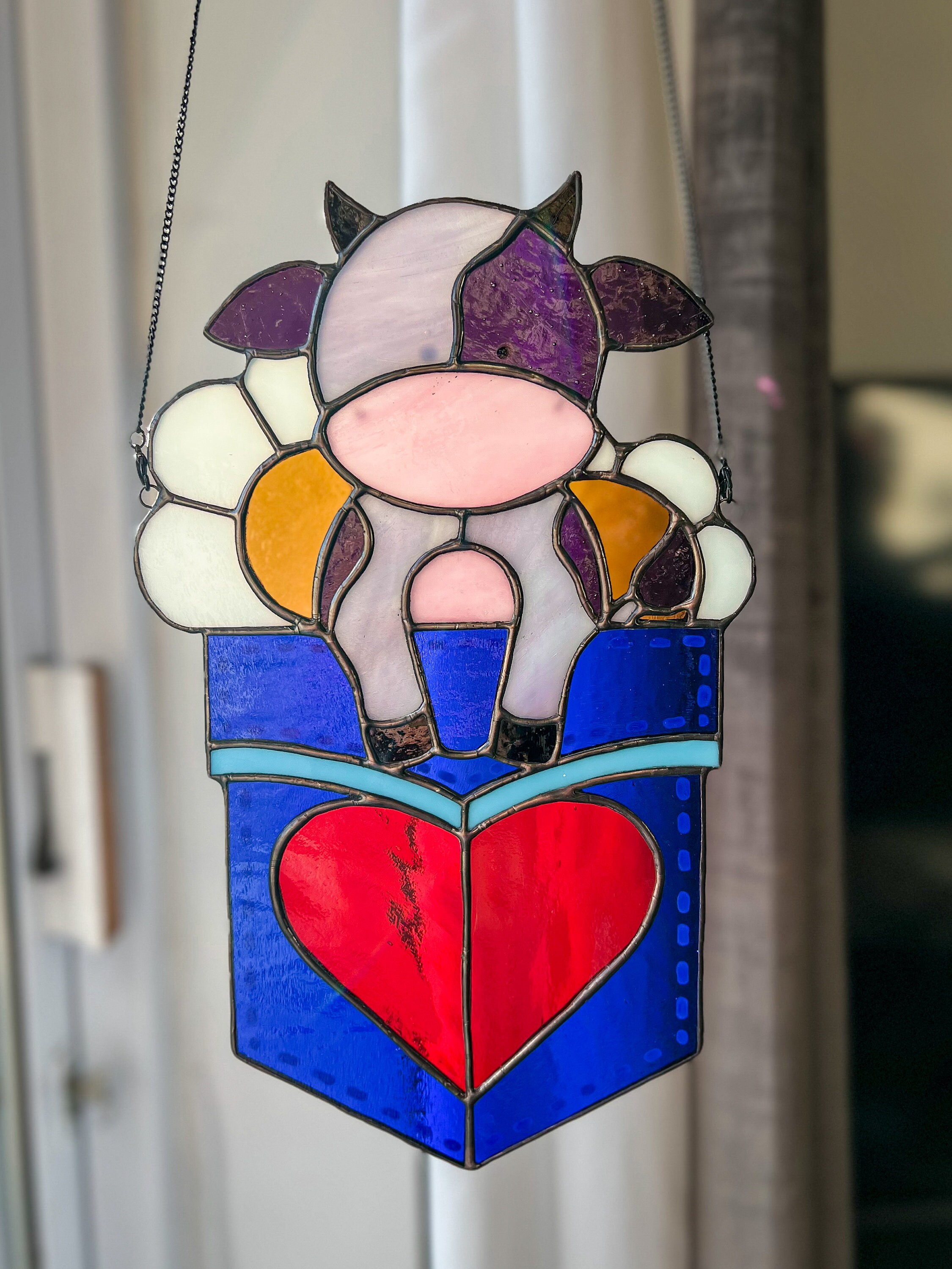 Stained Glass Pocked Animal Cute Cow Suncatcher Window Panel Wall ...