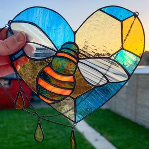 Stained Glass Bee Honeycomb Window Panel Suncatcher Honey Bee Wall ...
