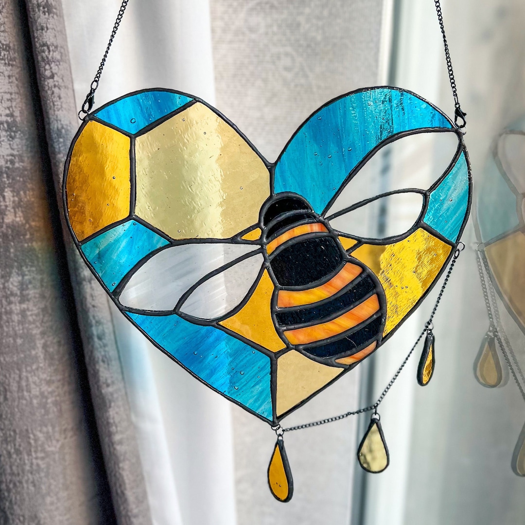 Stained Glass Bee Honeycomb Window Panel Suncatcher Honey Bee Wall ...