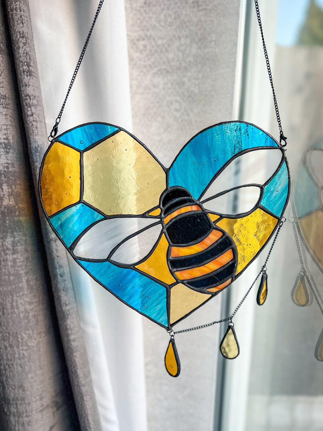 Pattern Stained Glass, Honey Bee, Honeycomb, Heart Shape, Window Panel ...
