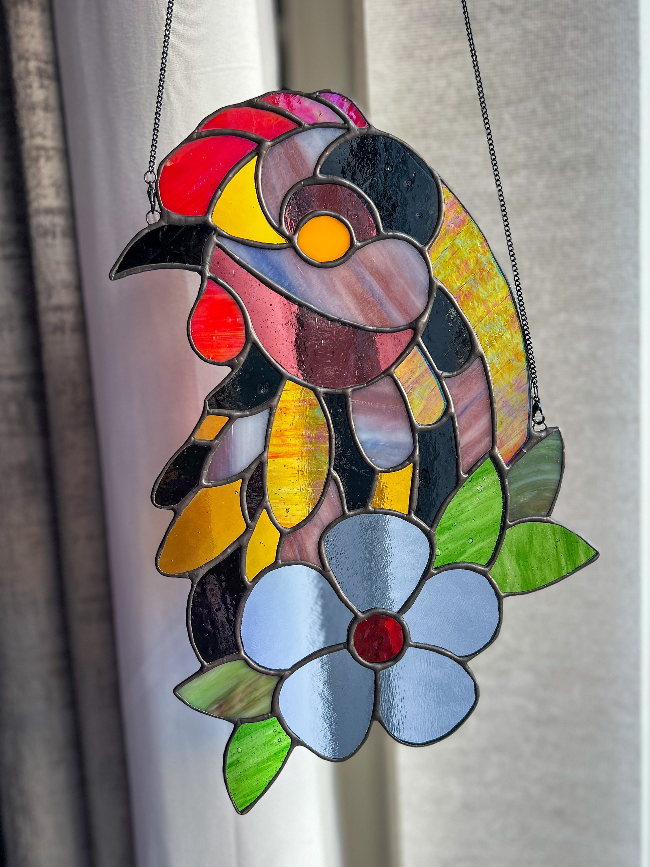 Stained Glass Chicken Pattern Window Panel Suncatcher Wall Decoration ...