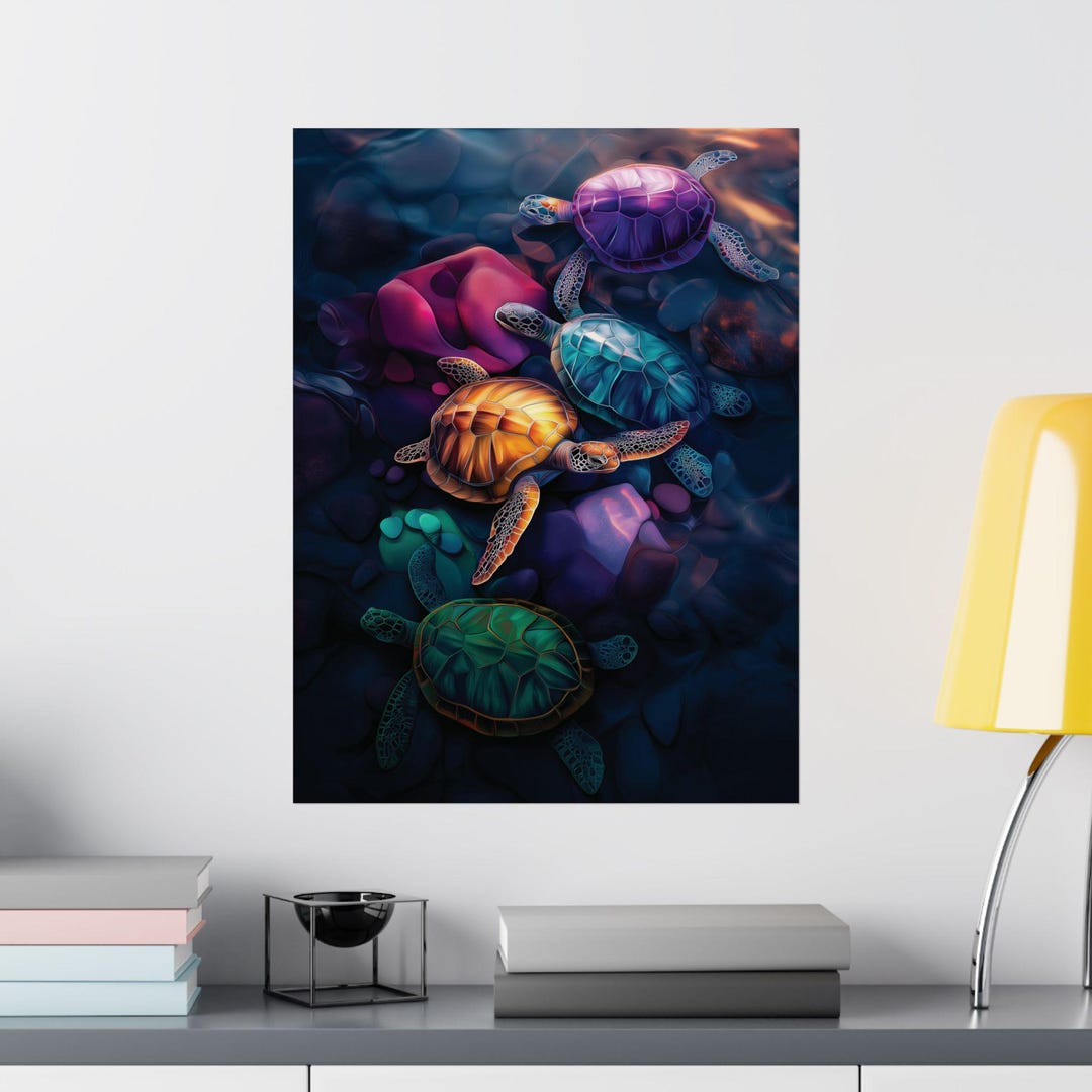 Colorful Sea Turtles in Shallow Water Matte Vertical Wall Art Poster ...
