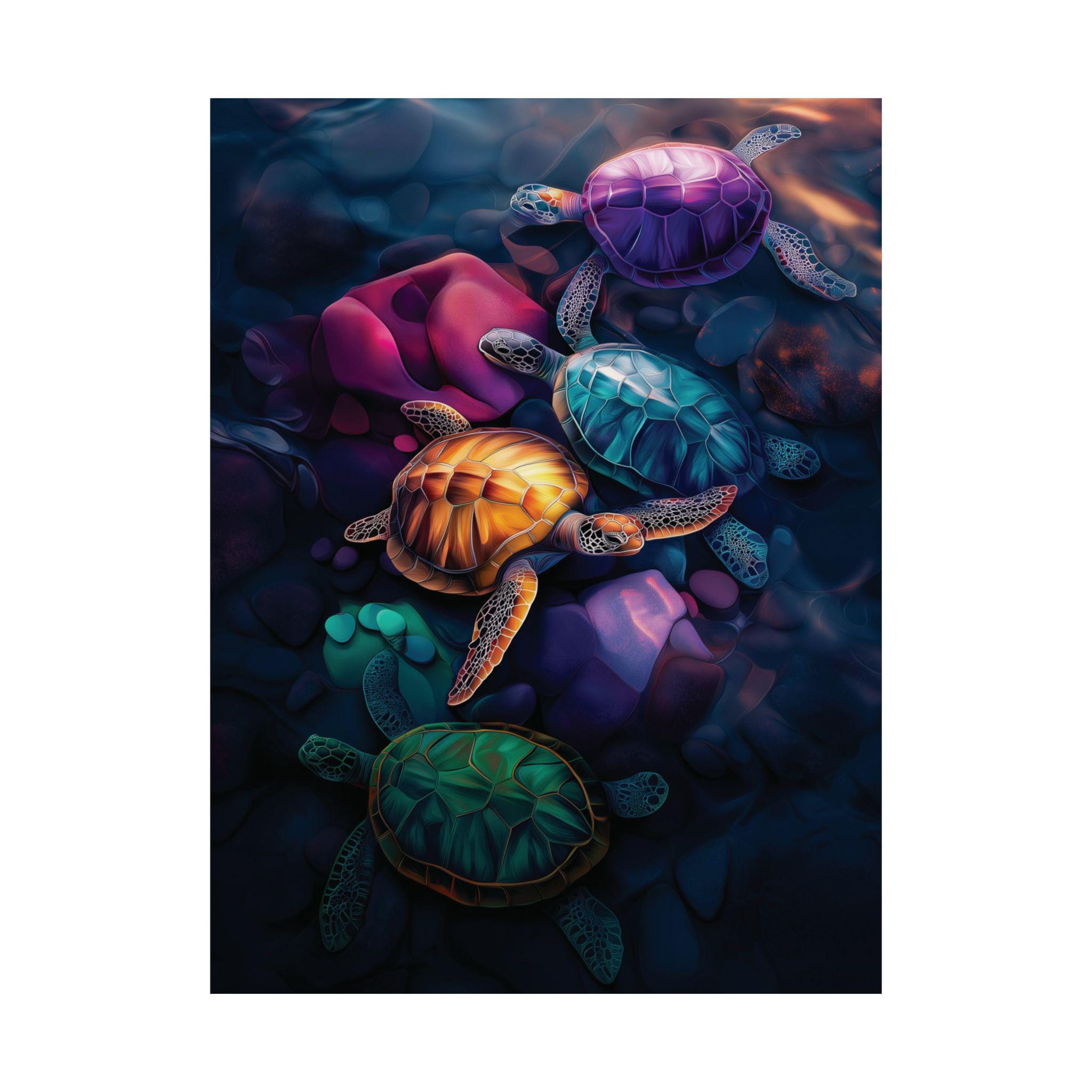 Colorful Sea Turtles in Shallow Water Matte Vertical Wall Art Poster ...