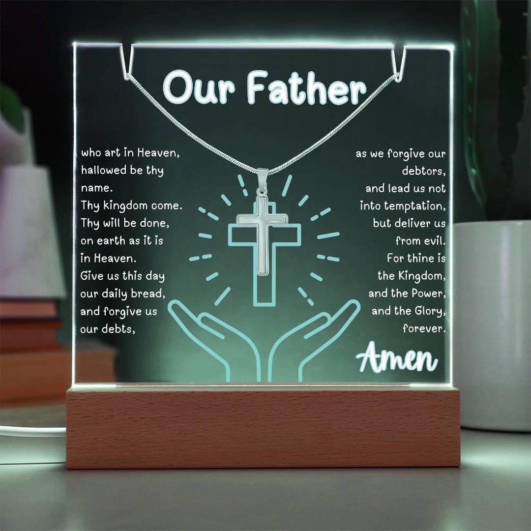 The Lord's Prayer Acrylic Accent Light With Minimalist Cross Necklace ...