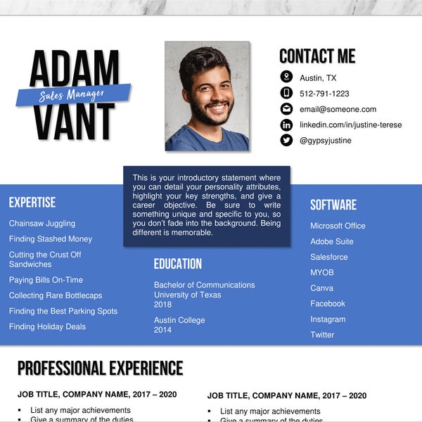 Resume And Cover Letter Template Blue Font Etsy