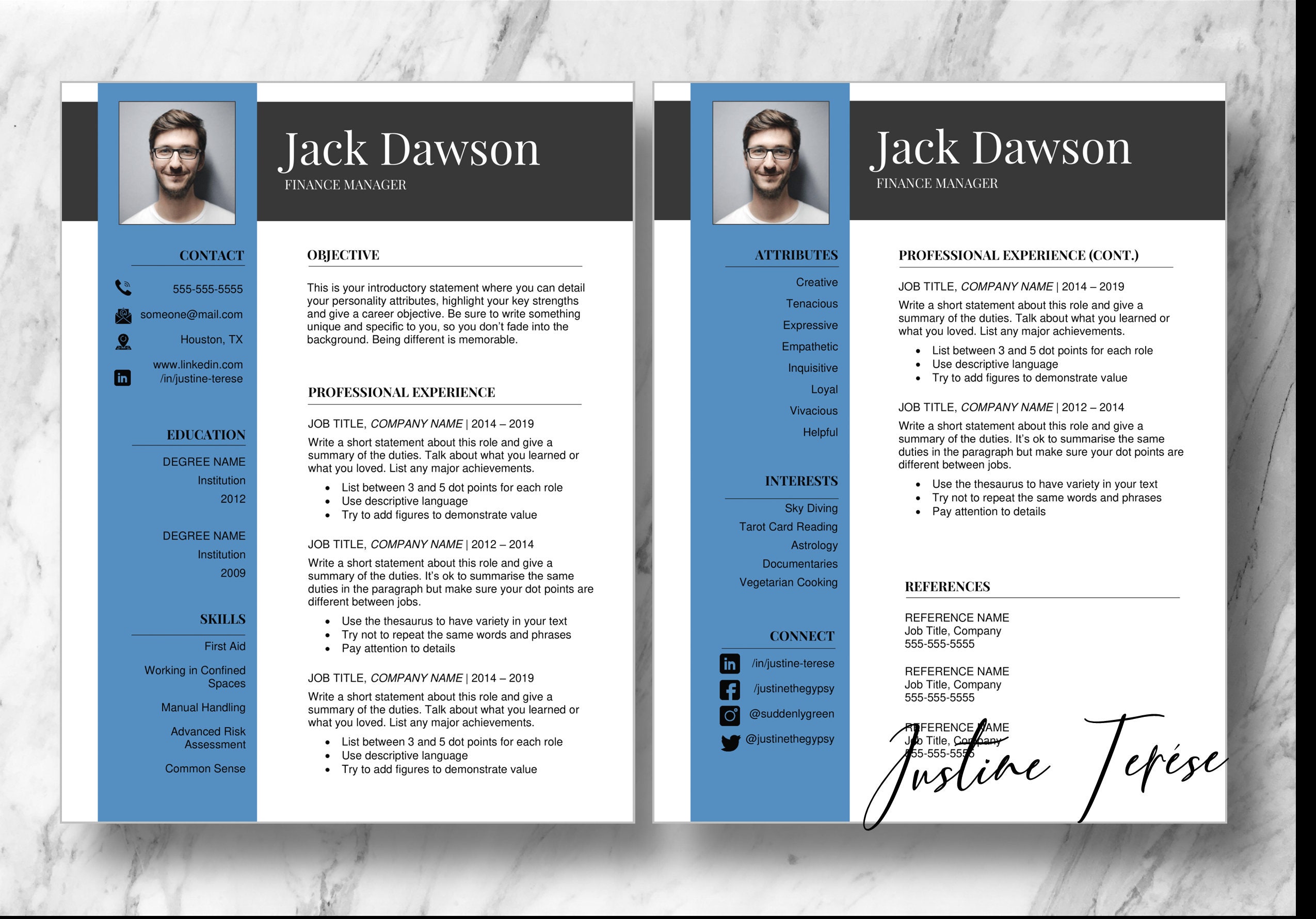 Blue Bar Resume Template Package for Men With CV, Cover Letter ...