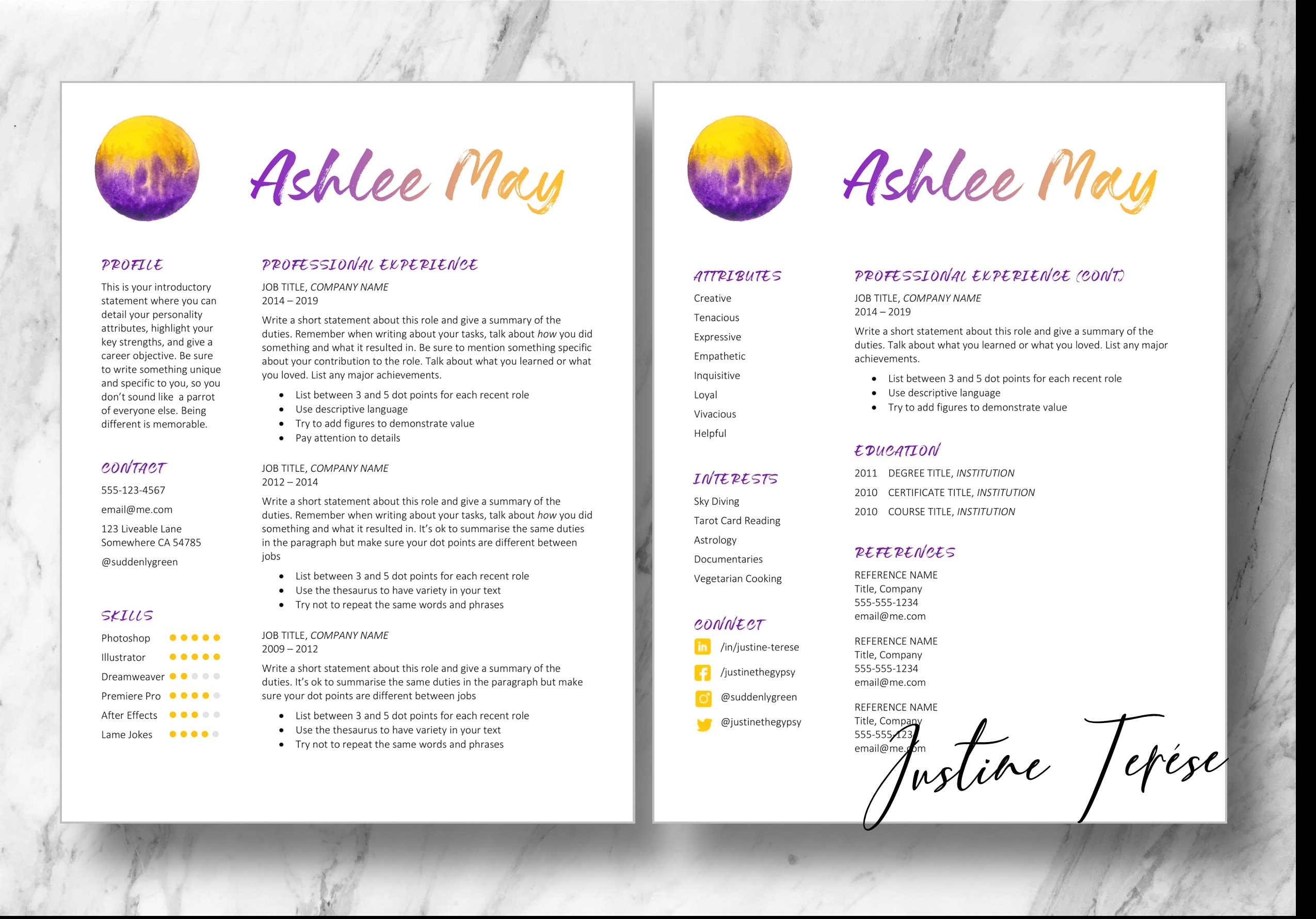 Purple Gold Watercolor Resume Template Package With CV, Cover Letter ...