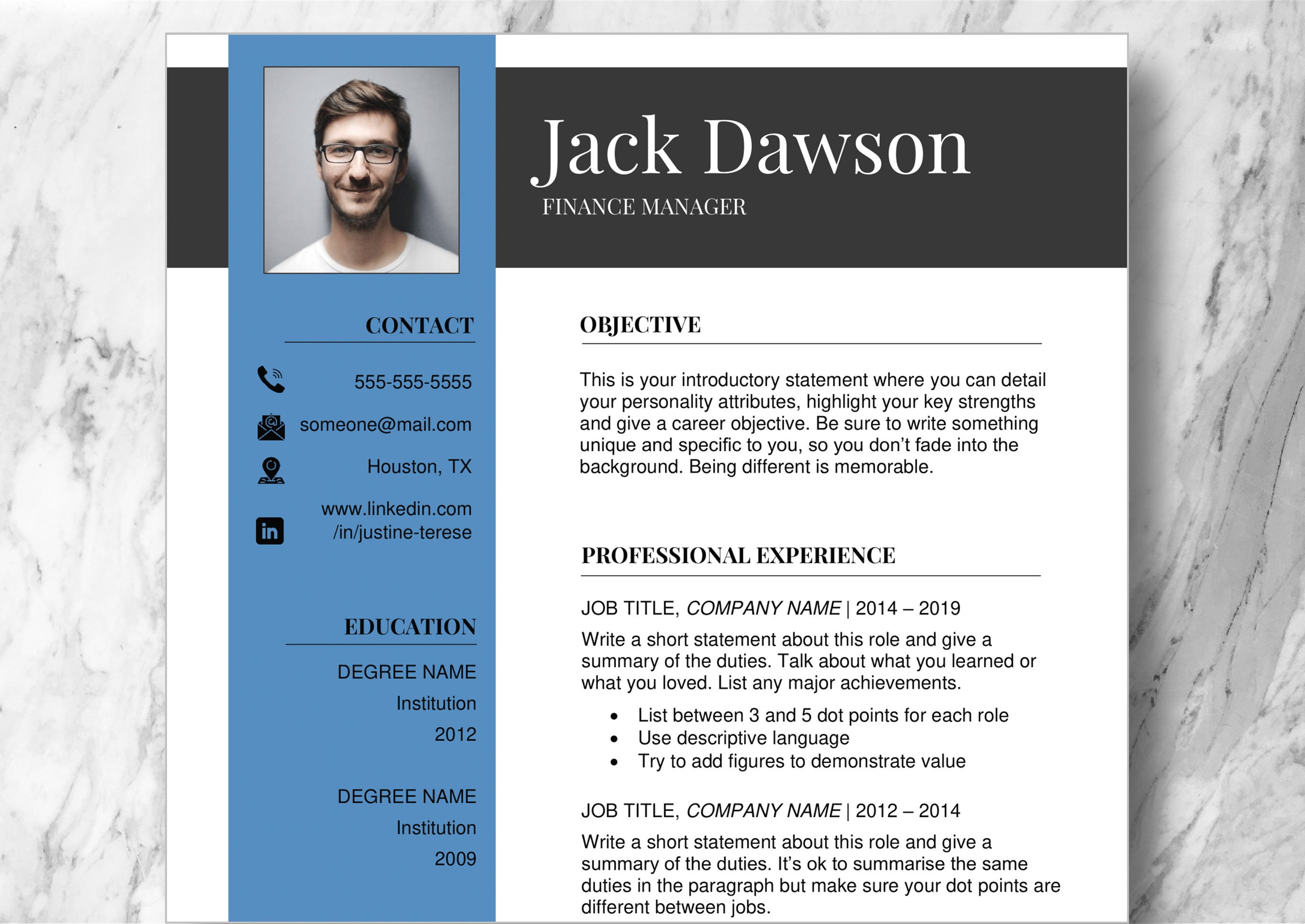 Blue Bar Resume Template Package for Men With CV, Cover Letter ...