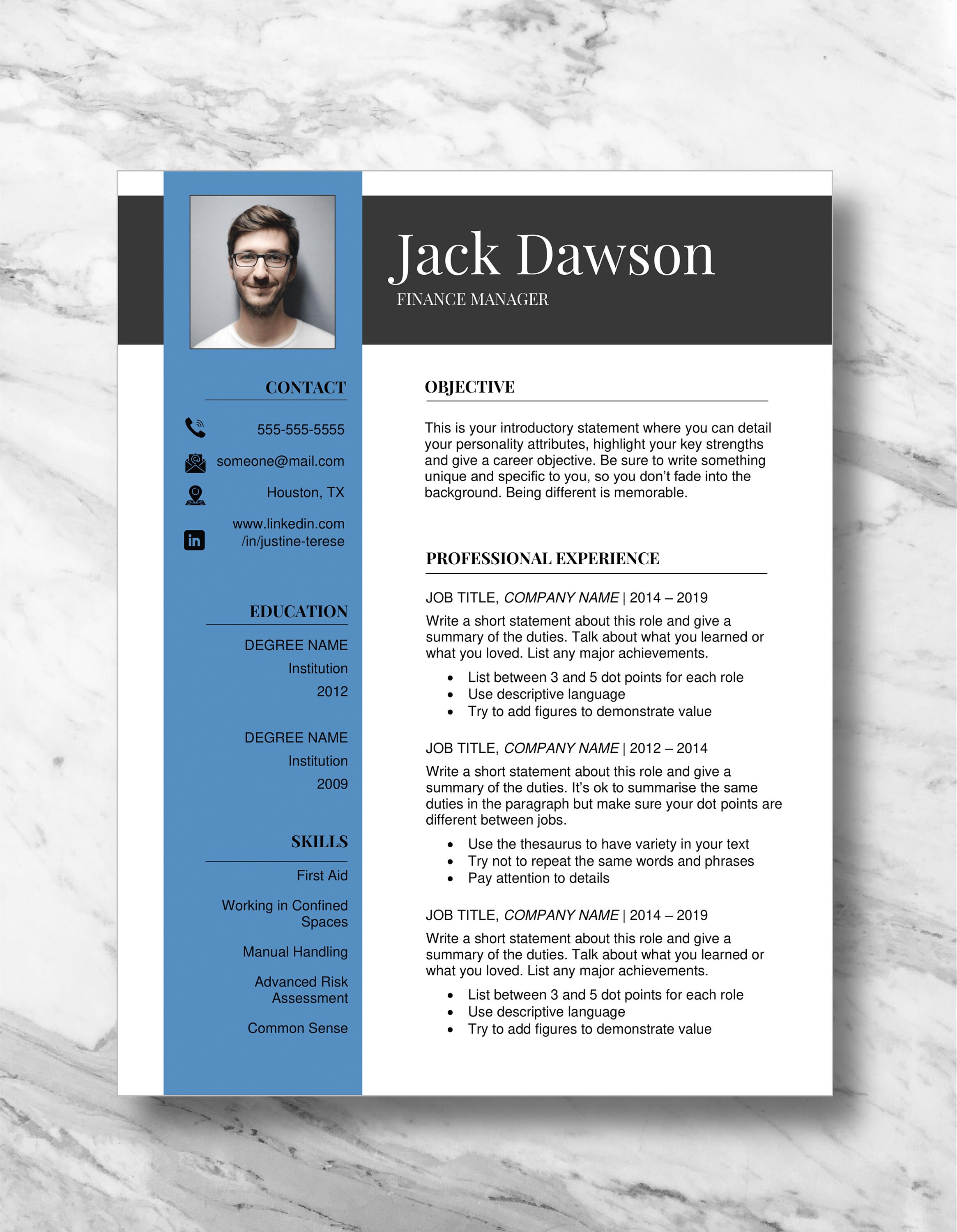 Blue Bar Resume Template Package for Men With CV, Cover Letter ...
