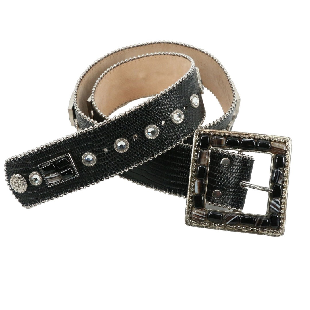 New Leatherock Studded Gemstone Silver Buckle Black Leather Belt M 34 ...