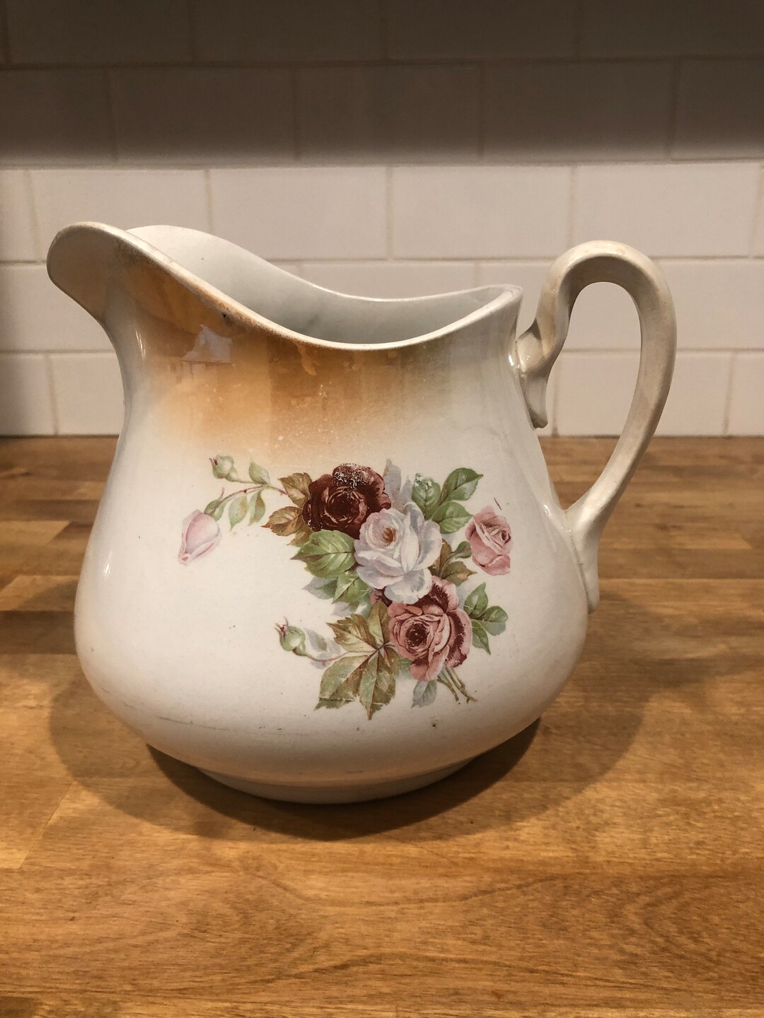 Vintage Antique Esther Semi-porcelain Pitcher/vase Pink and Green ...
