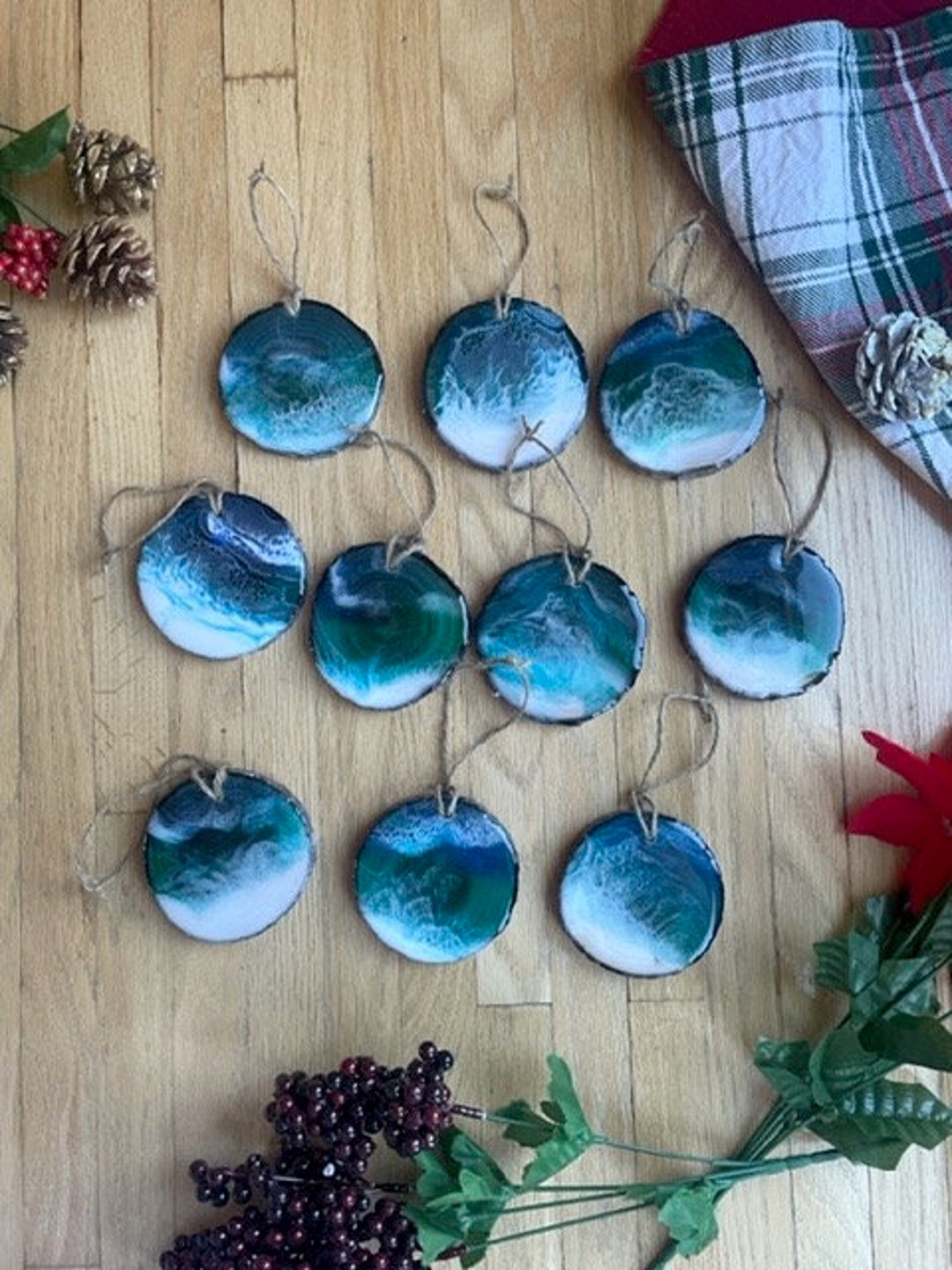 Handmade Ocean Christmas Ornaments, Resin Ornaments on Wood Slice. Wave ...