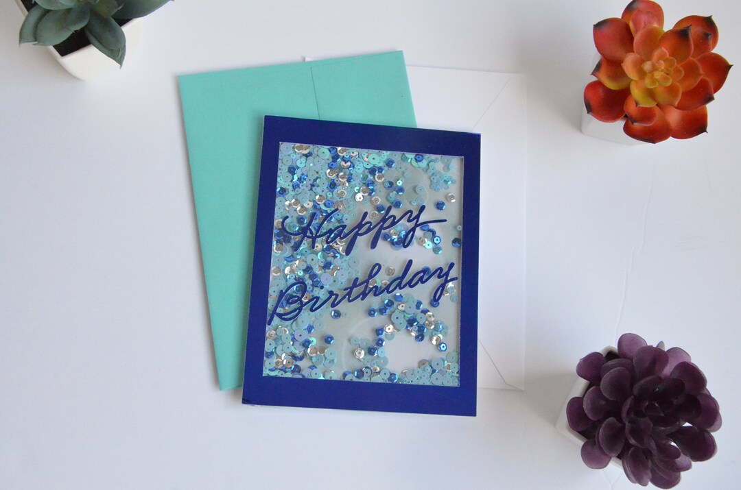 Handmade Birthday Shaker Card, Happy Birthday Shaker Card, Blue Shaker ...