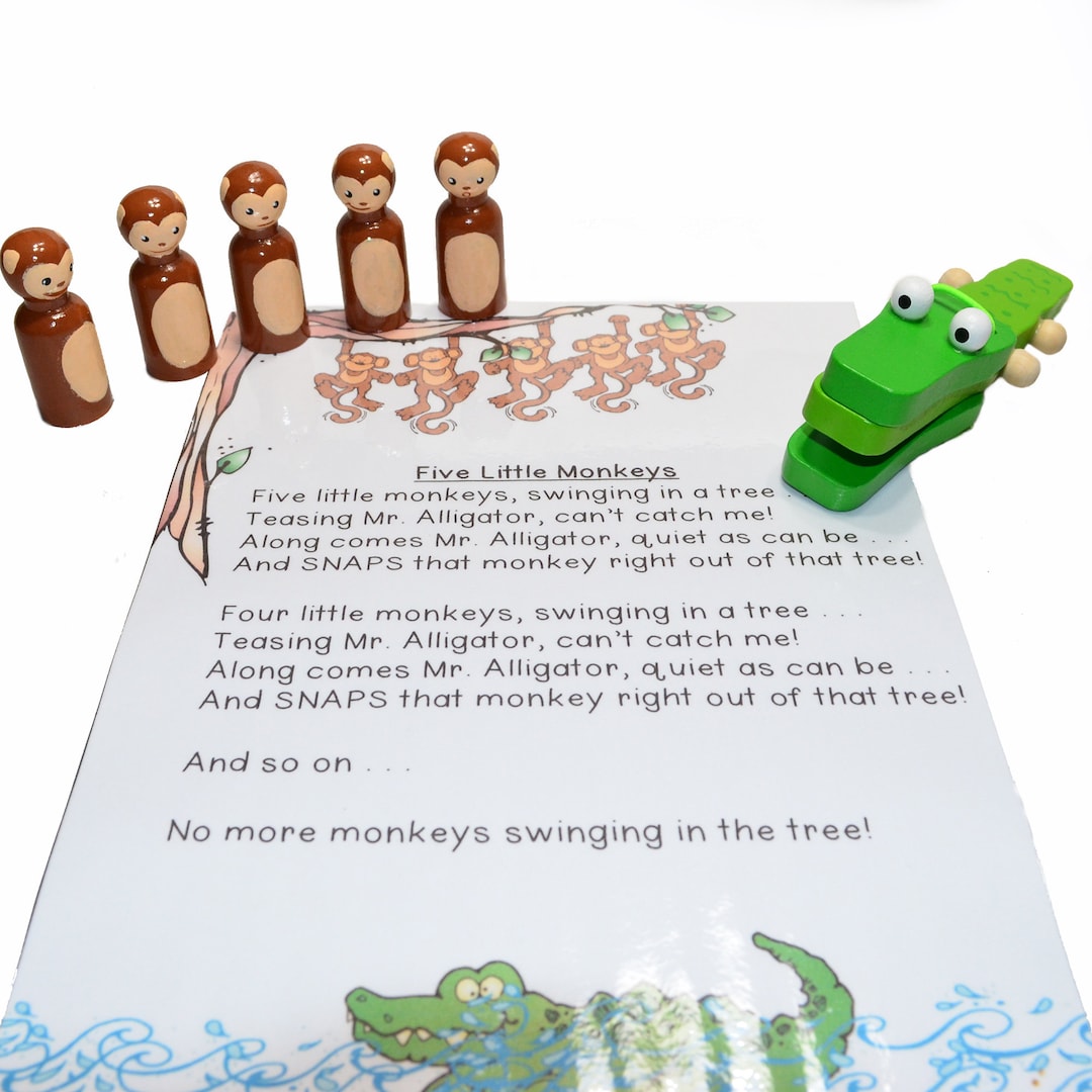 Five Little Monkeys/alligator Clapper Sack Pack-peg Dolls' Hand Painted ...