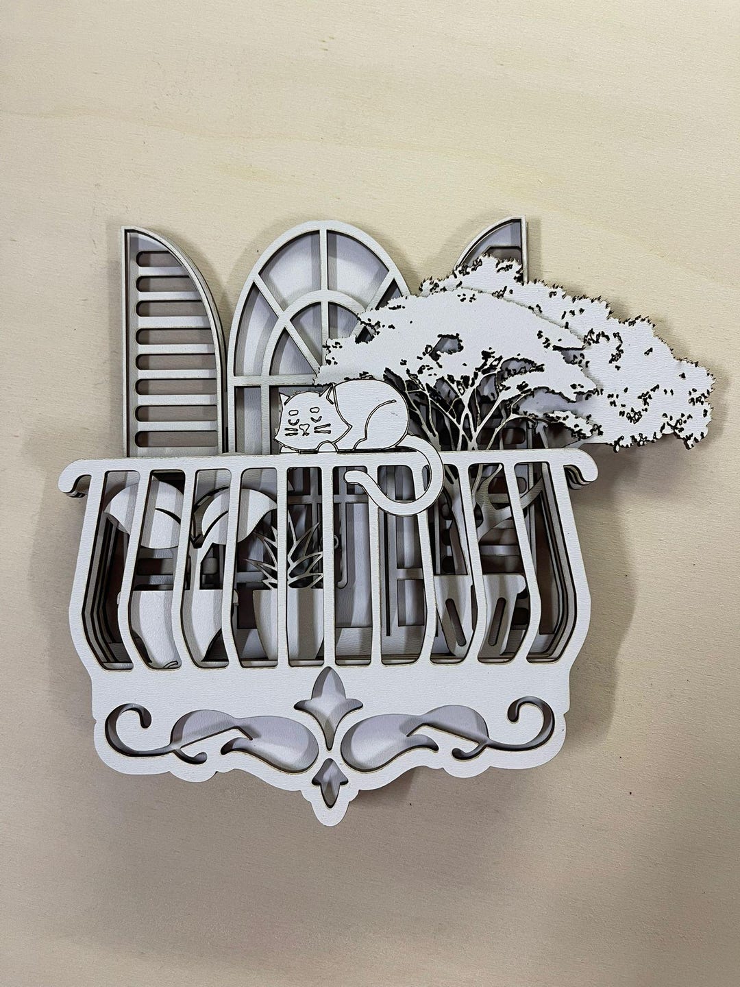 Layered SVG/DXF/PDF Balcony With Plants, Cat Laser Cutting Plants ...
