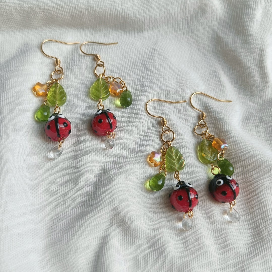 GOLDEN LADYBUG EARRINGS Nature Themed Beaded Earrings With Lady Bugs ...