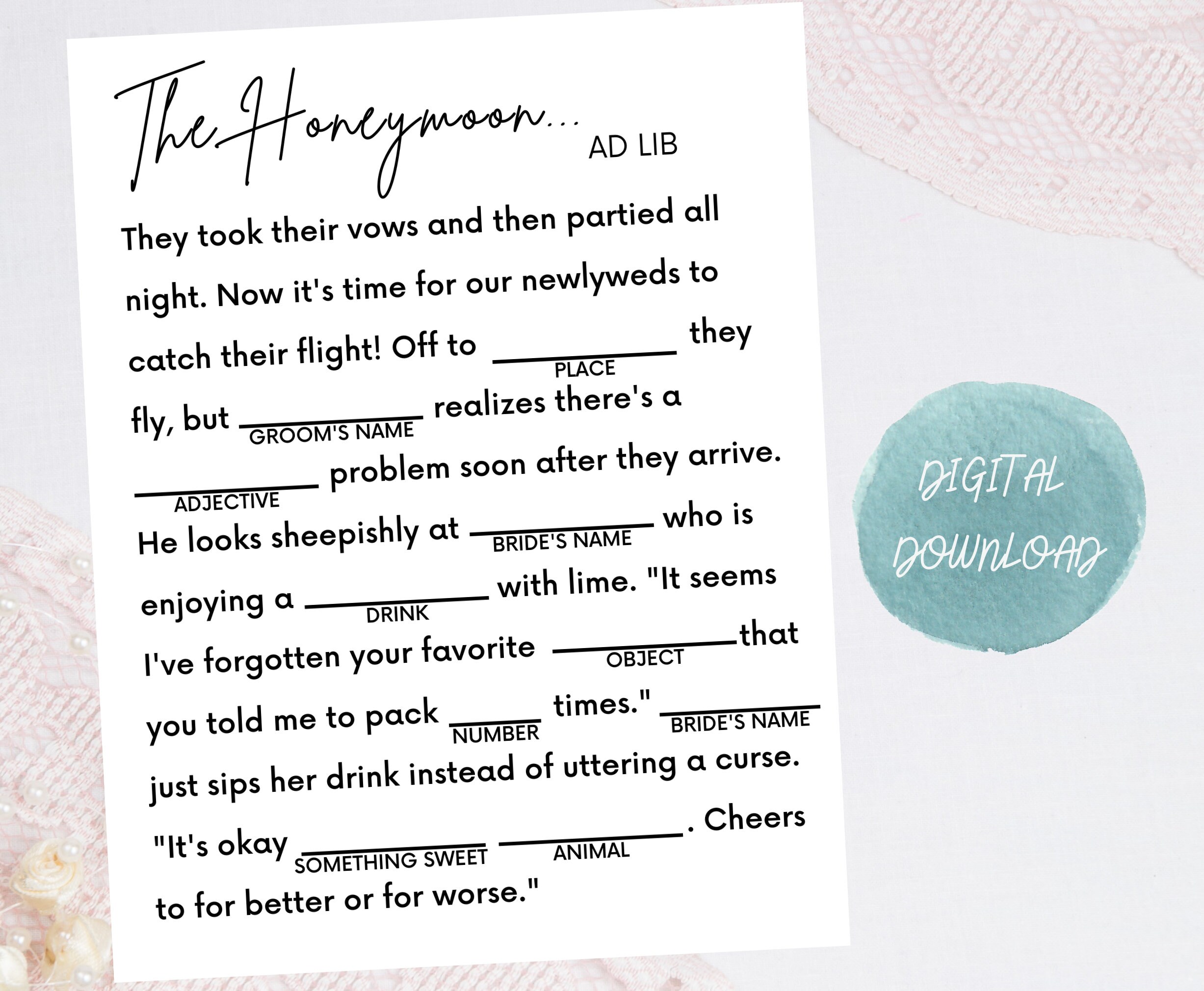 Printable Ad Lib Game for Wedding Shower or Reception, Modern ...