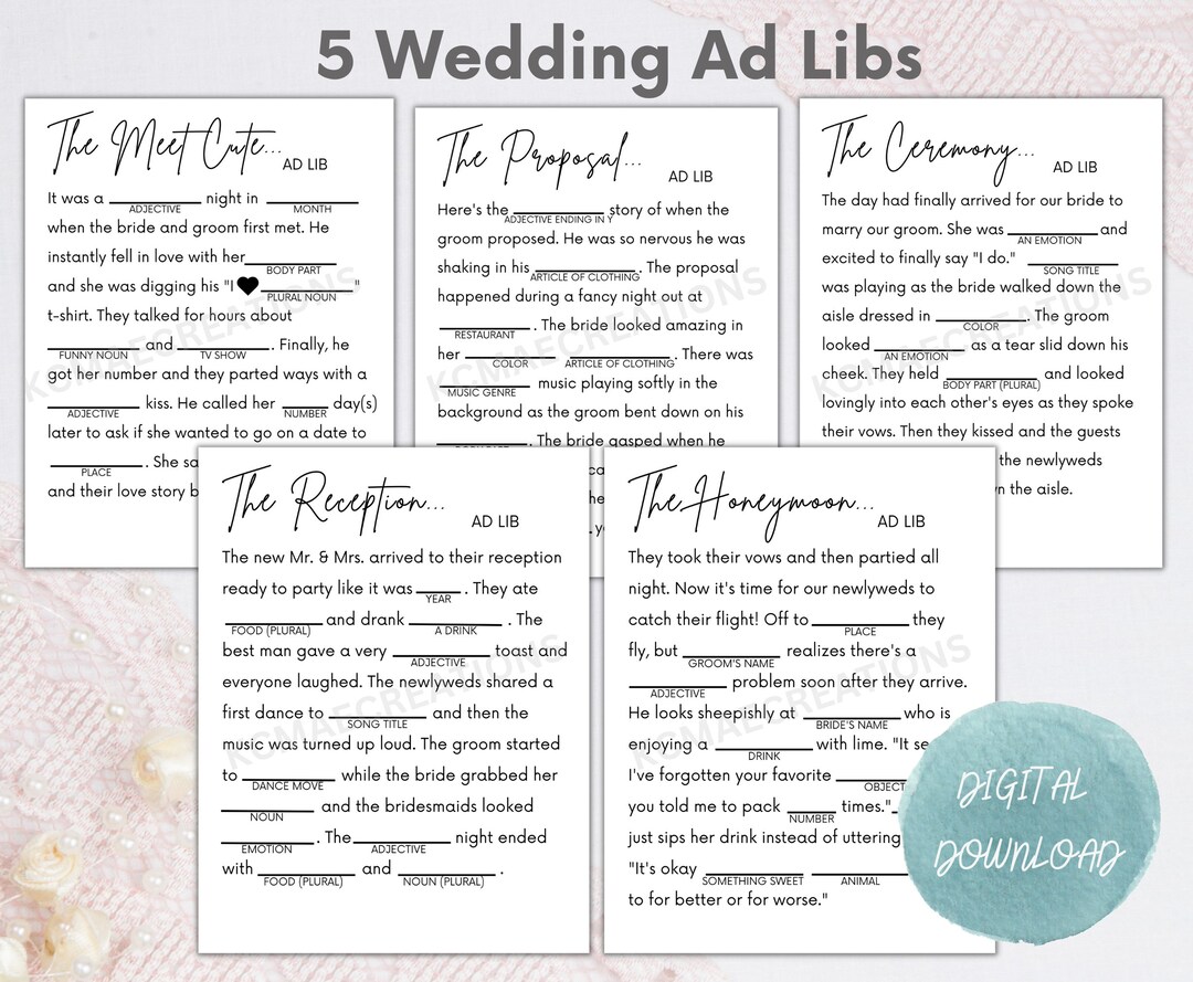 Printable Ad Lib Games for Wedding Shower or Reception, Modern ...
