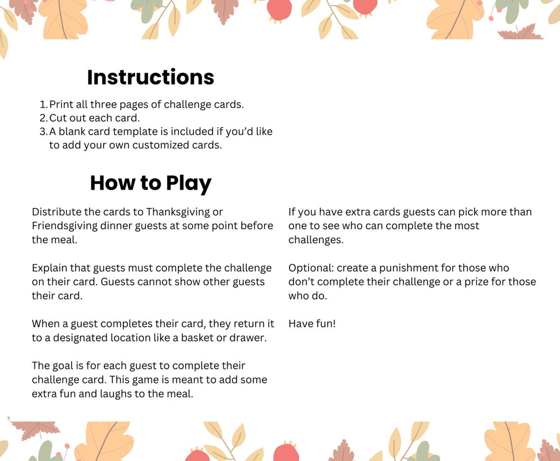 Thanksgiving Dinner Game Cards: Funny Friendsgiving Activity (digital ...