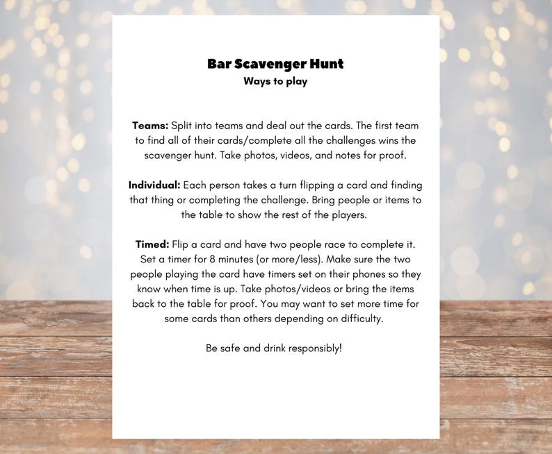 Bar Scavenger Hunt Cards: Adult Drinking Game (PDF Download) - Etsy