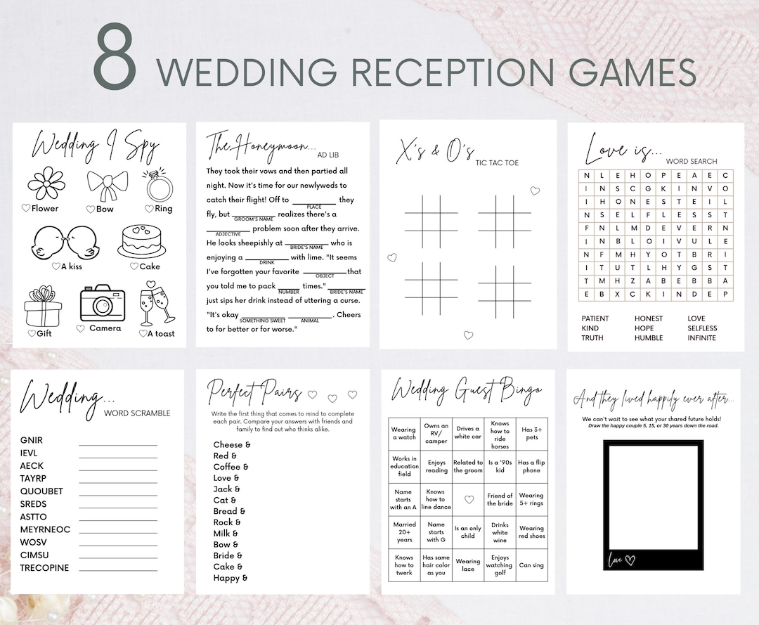 Printable Games for Wedding Reception, Eight Wedding Guest Game Bundle ...
