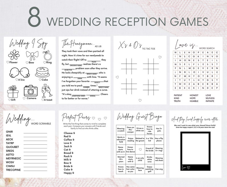 Printable Games for Wedding Reception, Eight Wedding Guest Game Bundle ...