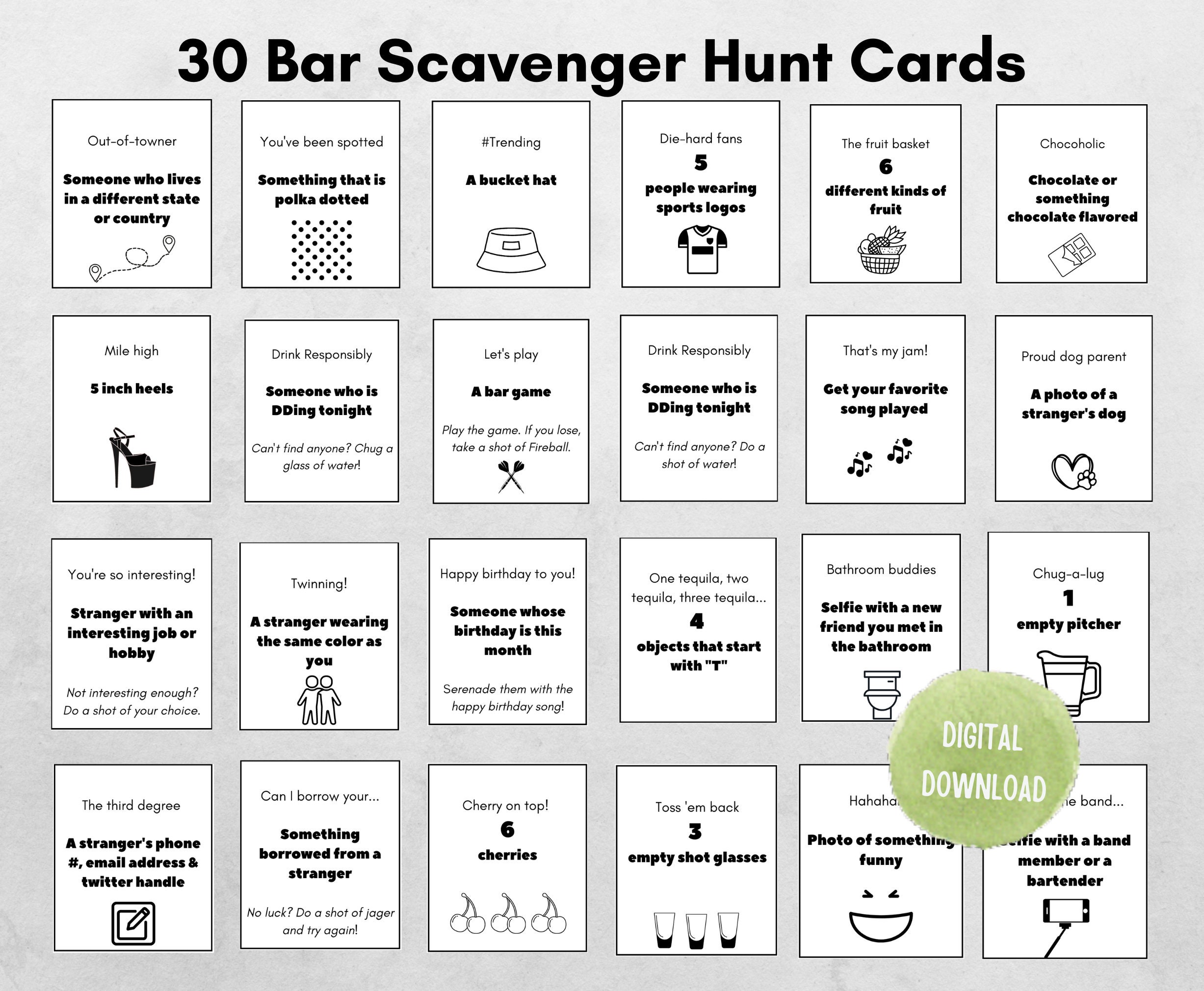 Bar Scavenger Hunt Cards Printable for Instant Download, Drinking ...