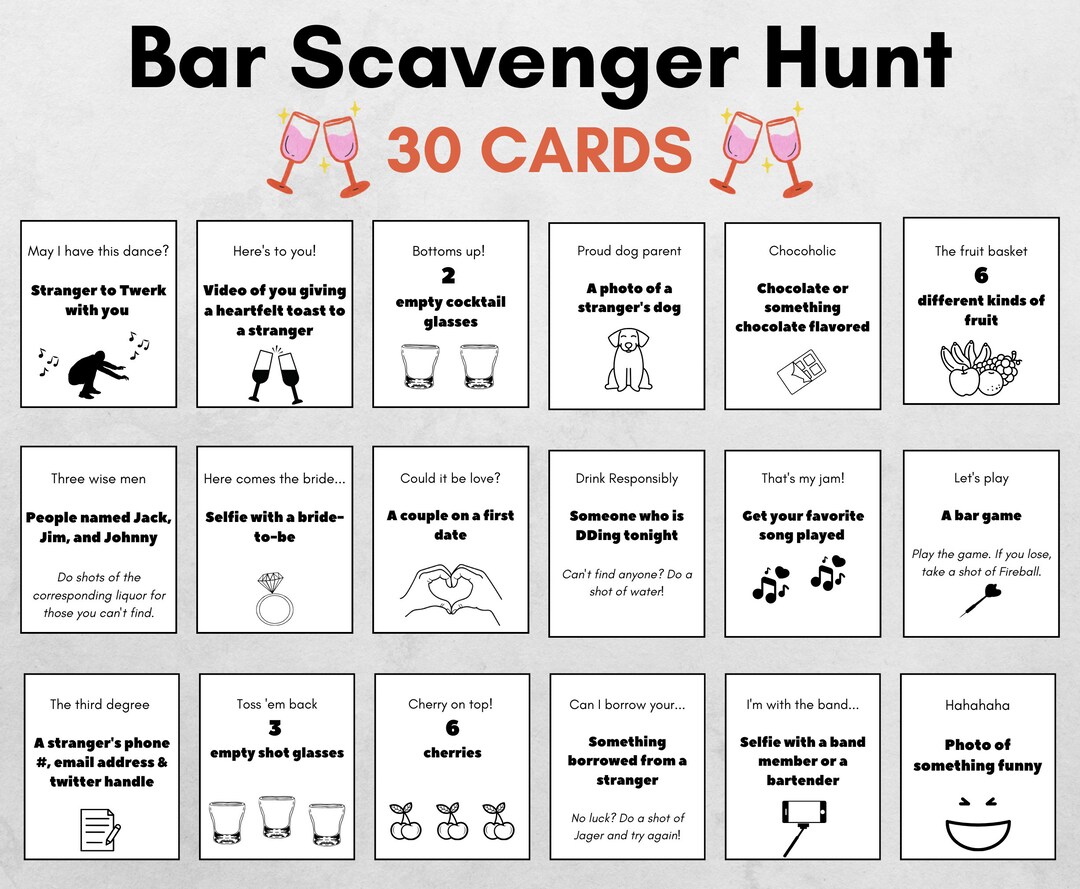 Bar Scavenger Hunt Cards Printable for Instant Download, Drinking ...