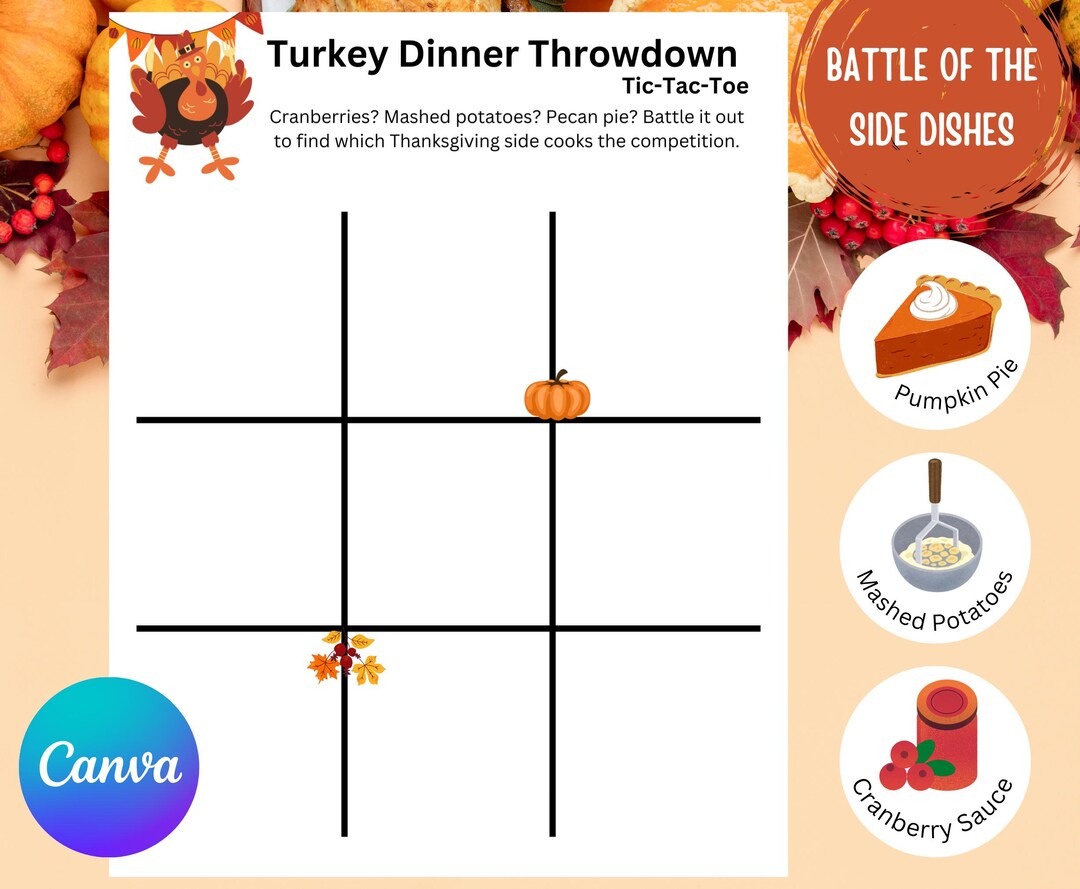 Thanksgiving Dinner Tic-tac-toe Printable Game: Editable in Canva ...