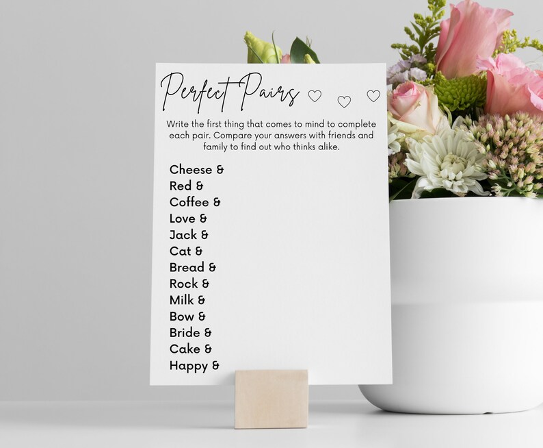Printable Perfect Pairs Game for Wedding Shower or Reception, Modern ...