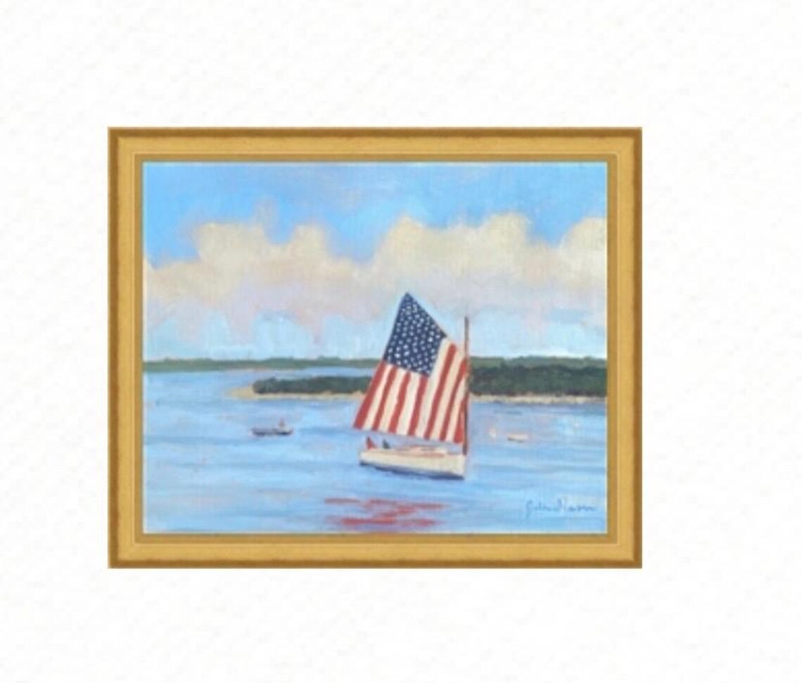 Martha’s Vineyard Original Oil Painting-catboat Edgartown American Flag ...