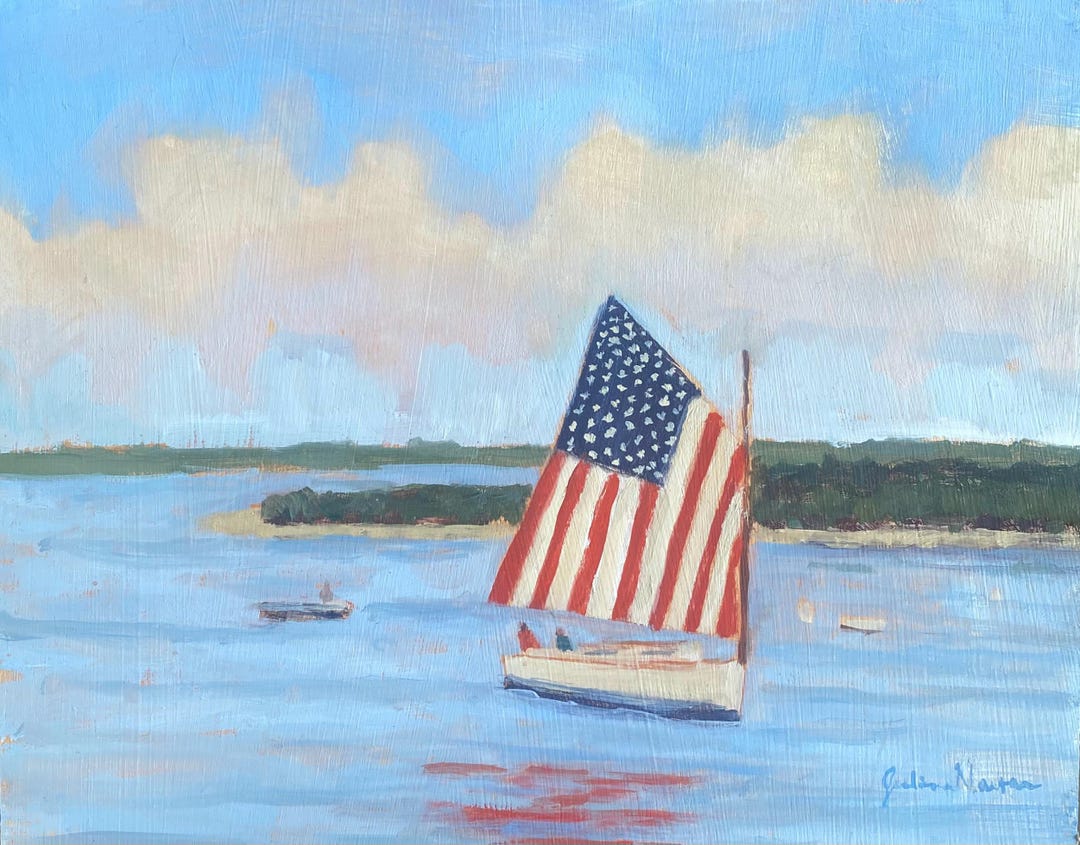 Martha’s Vineyard Original Oil Painting-catboat Edgartown American Flag ...