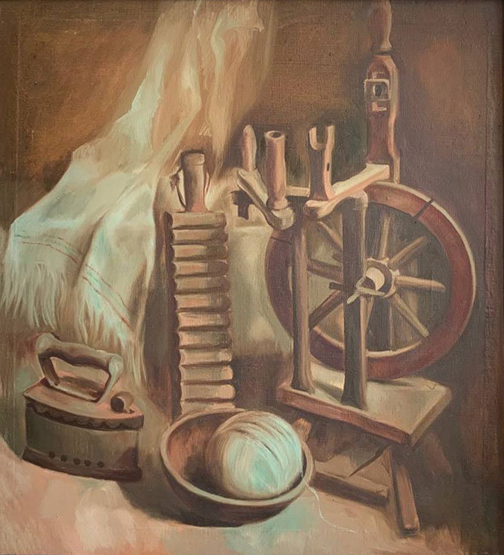 Oil Painting Spinning Wheel Still Life, Mixed Flowers, Weaving ...