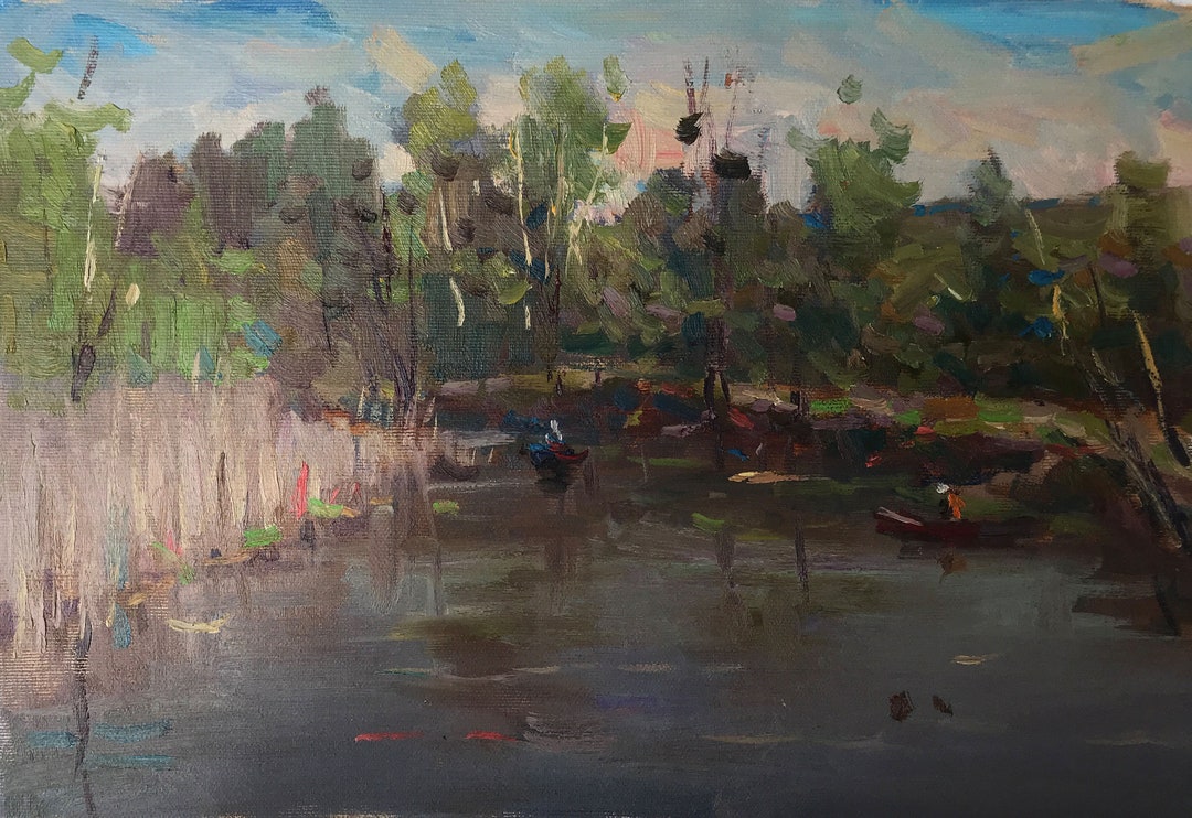 Oil Painting Swamp Vegetation, Water Reflection, Along Shore, Ukrainian ...