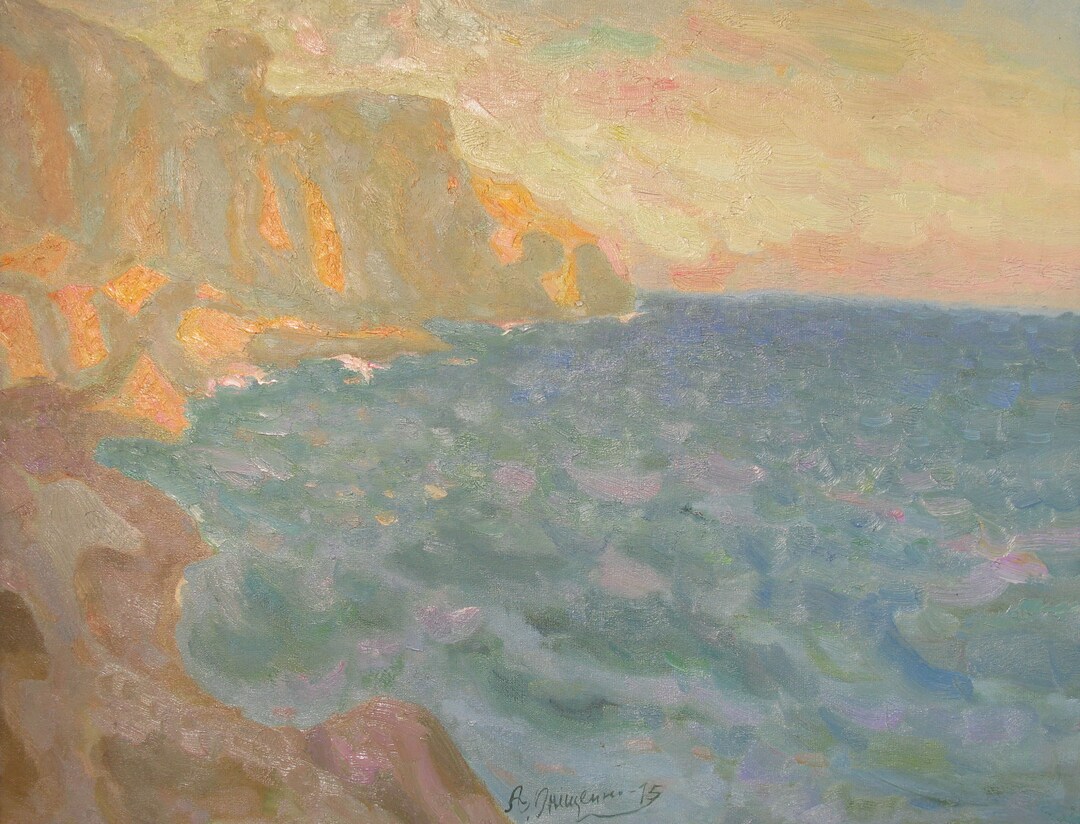 Abstract Oil Painting Evening in a New World, Seaside Rapids, Original ...