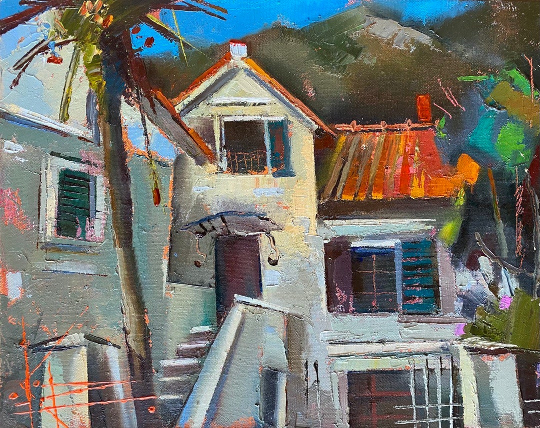 Oil Painting Resort House, Abstract House, in the Shade of Palm Trees ...