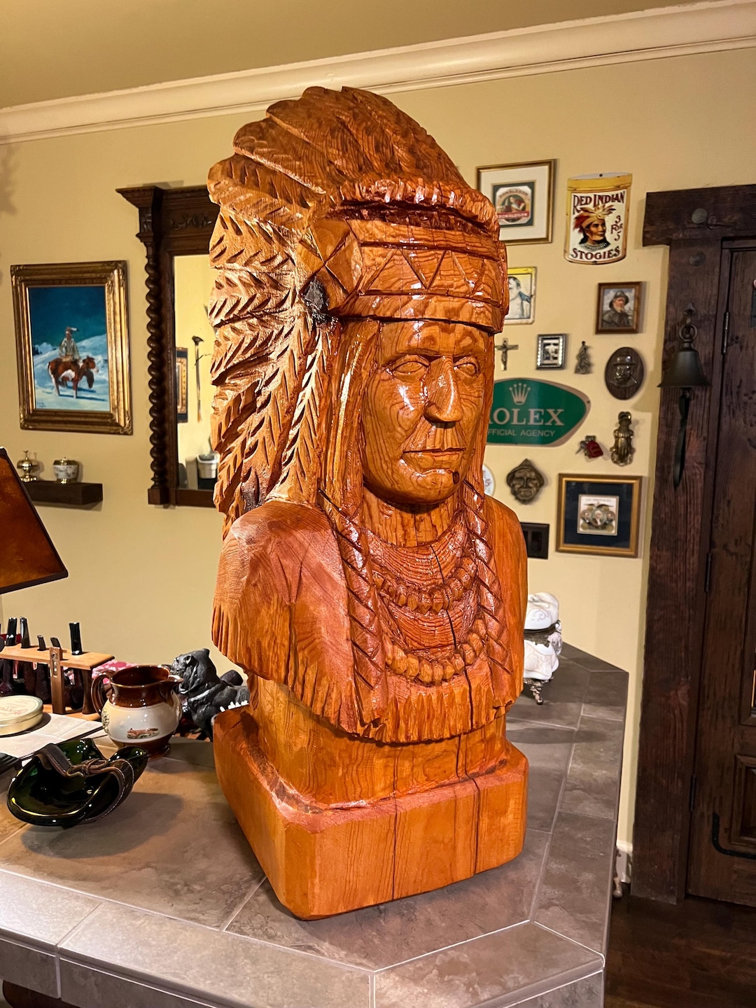 Cigar Store Indian Bust Vintage 35" Tall Wood Carving by Pat Brumfield ...