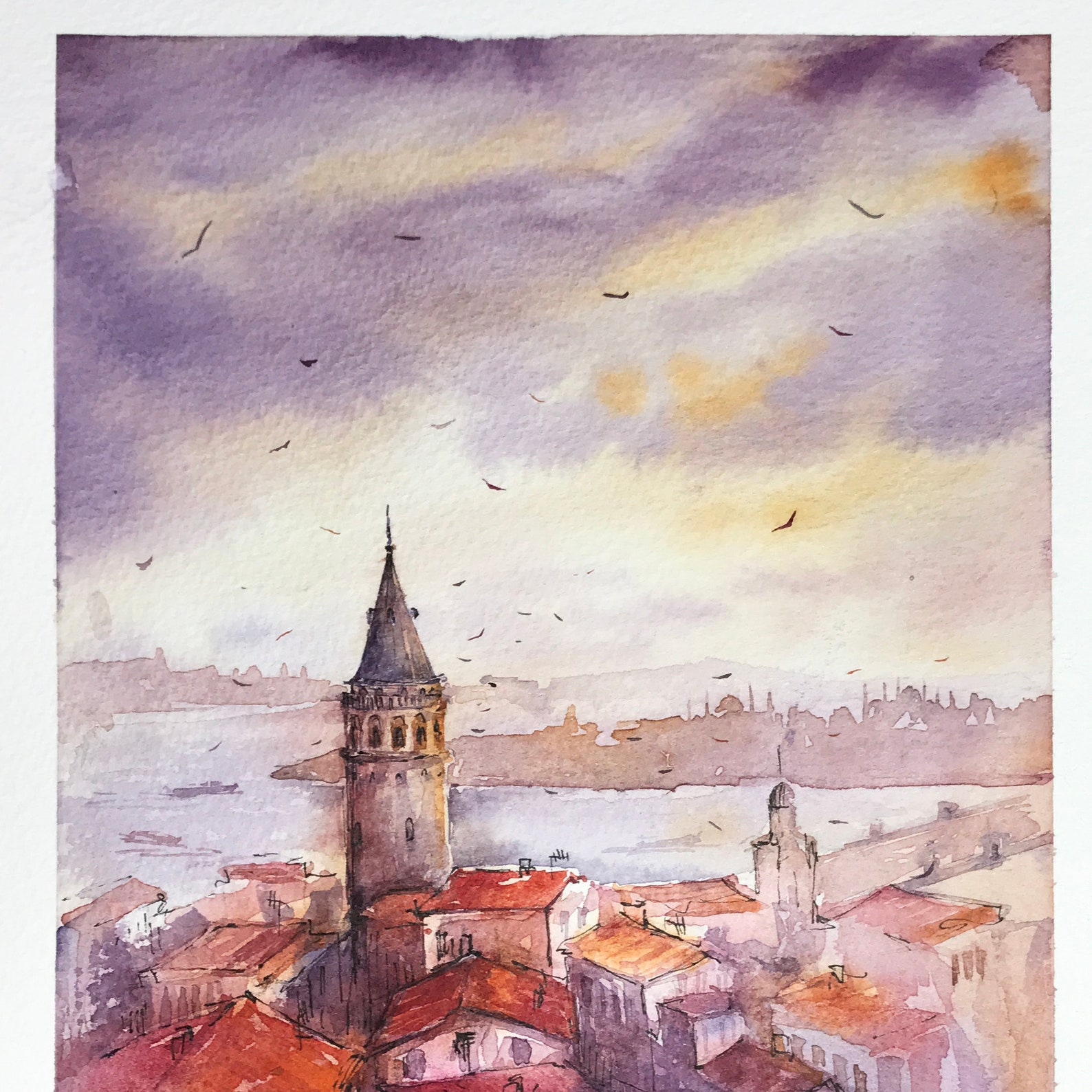 Istanbul Original Watercolor Painting. Galata Tower, City Landscape ...