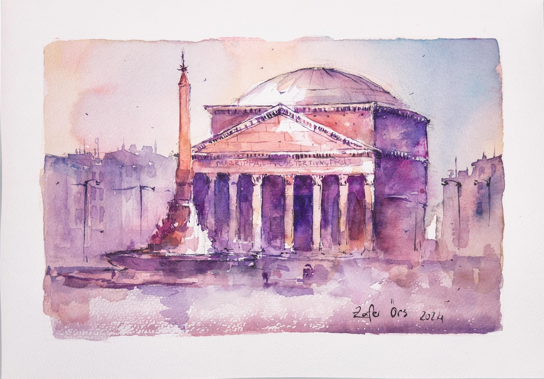 Original Watercolor Painting of Pantheon Temple, Rome Hand-painted Art ...