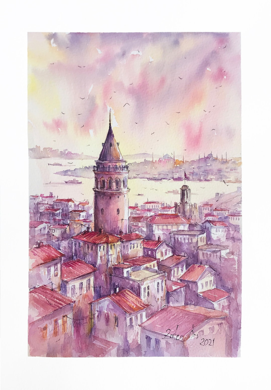 Istanbul Original Watercolor Painting. Galata Tower, City Landscape ...