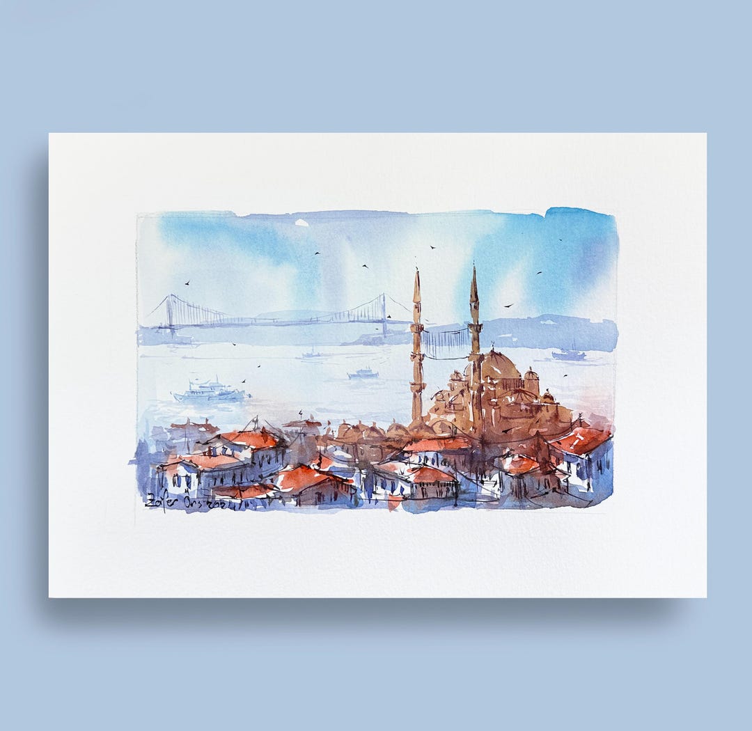 Original Istanbul Watercolor Painting | Bosphorus and Mosque Art ...