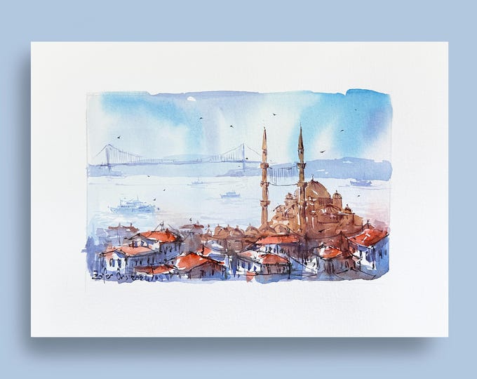 Original Istanbul Watercolor Painting | Bosphorus and Mosque Art ...