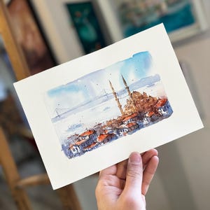 Original Istanbul Watercolor Painting | Bosphorus and Mosque Art ...