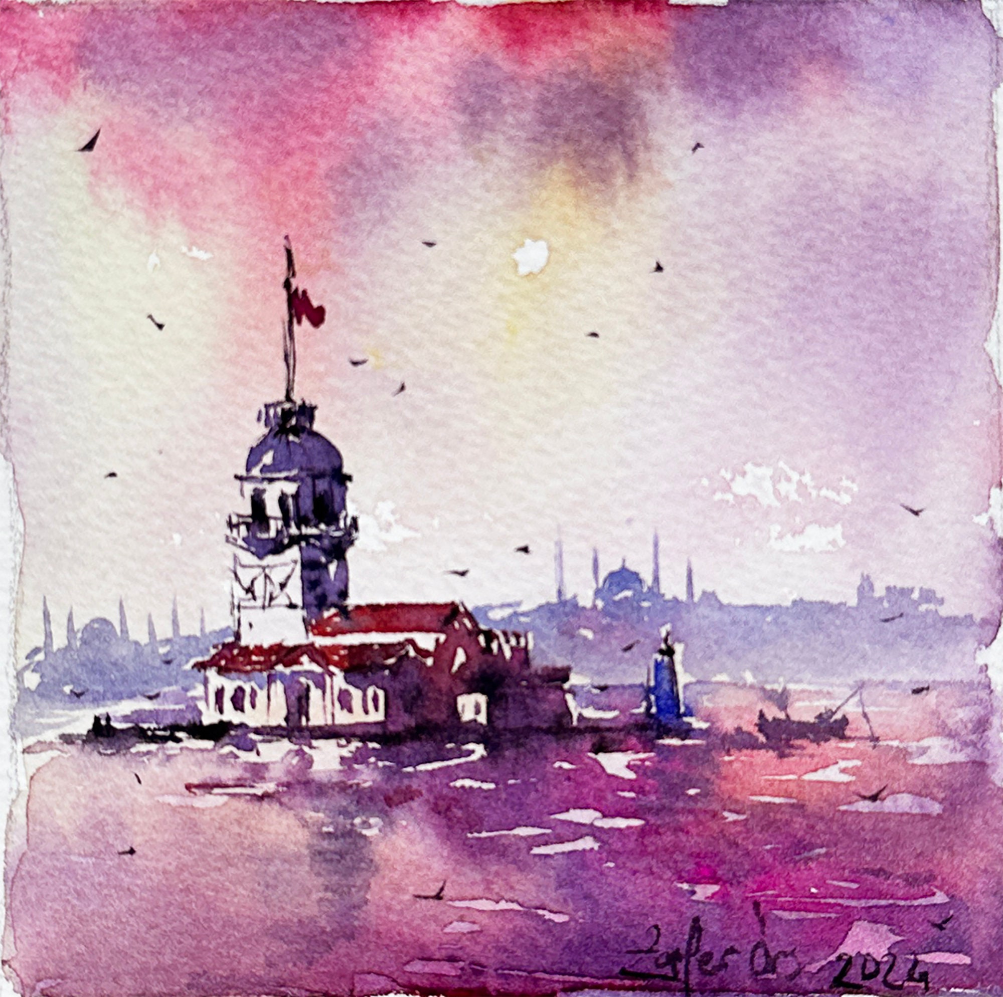 Istanbul, Original Watercolor Painting, Aquarelle Painting, Maiden's ...